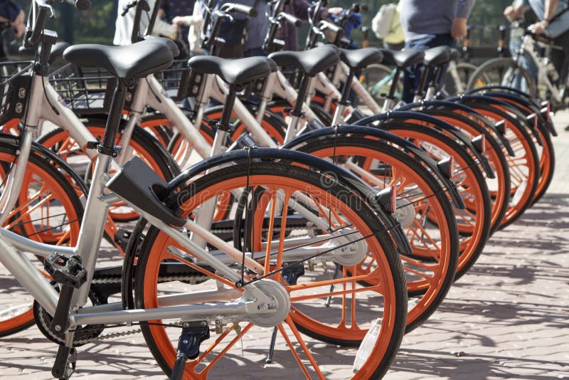 Bicycle Rental Service on City Road Parking Stock Photo - Image of ...