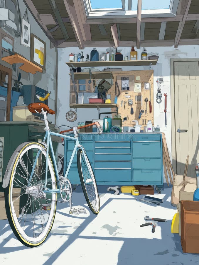 Bicycle Repair Corner in a Sunny Garage with Organized Tools and ...