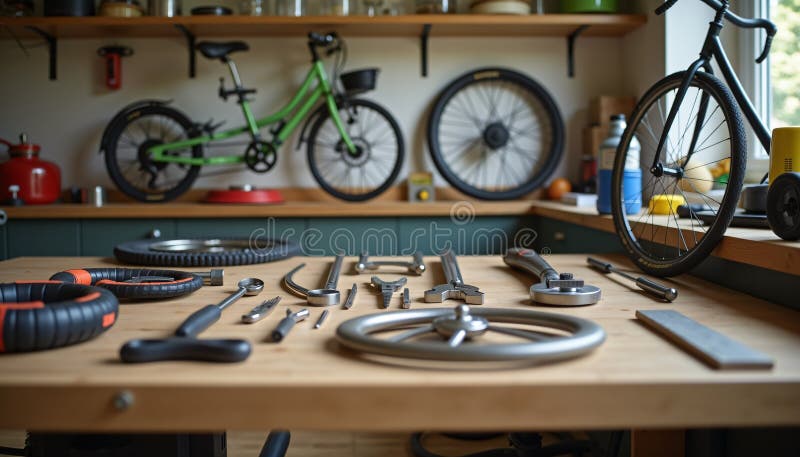 Bicycle Repair Tools on a Workbench in a Garage Workshop. Stock Photo - Image of workshop ...