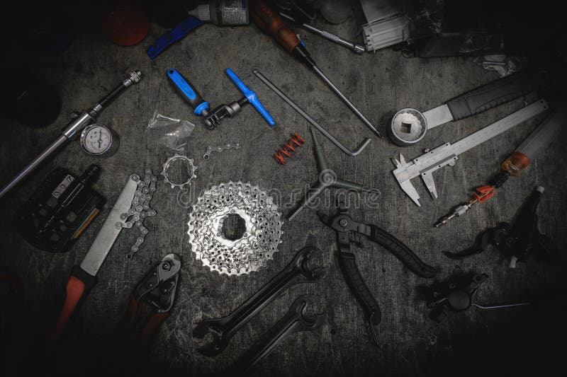 Bicycle Repair Workshop. Top View of Table with Tools for Servicing ...
