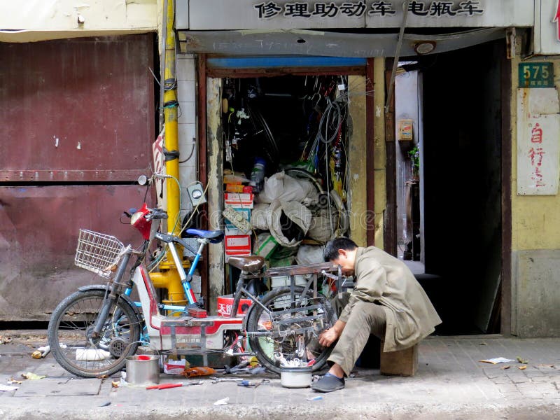 Bicycle Repairman Busy at Work Shanghai China Editorial Stock Image ...
