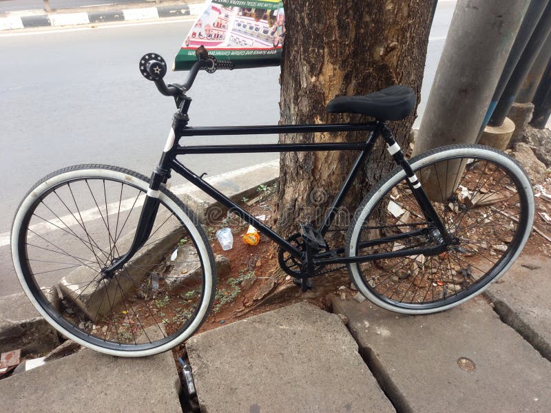 The Bicycle Rests on a Tree Trunk Stock Photo - Image of paint, yard ...