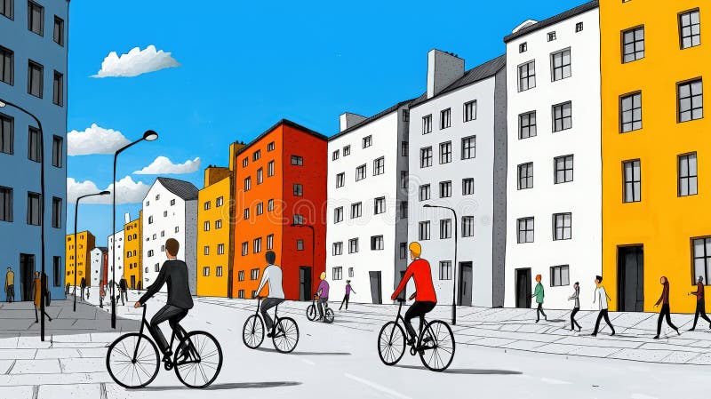 Bicycle Riders in Colorful Urban Setting Stock Illustration ...