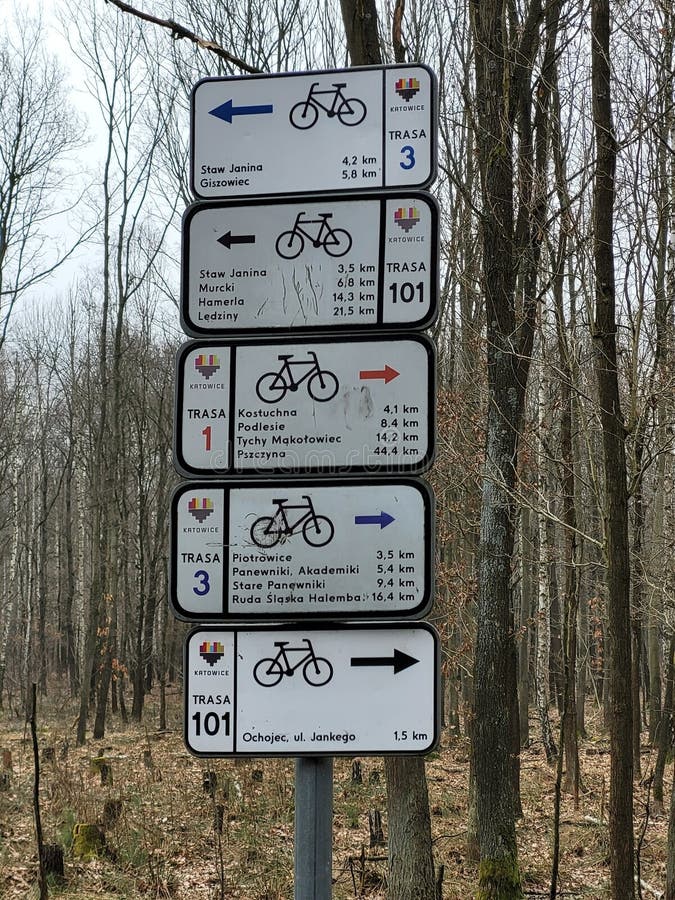 Bicycle Route Direction Signs in the Wods Around Katowice, Poland Stock ...