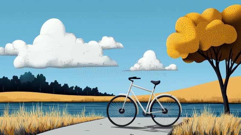 Bicycle beside Serene Landscape and Trees Stock Illustration ...
