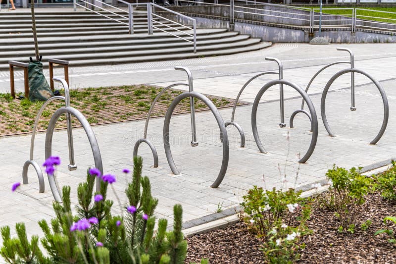Bicycle Shape Empty Metal Bike Parking Racks Stock Photo - Image of ...