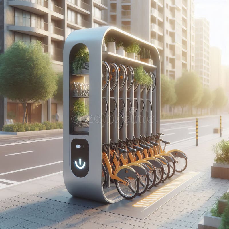 Bicycle-sharing Station Bustling with Commuters in a Green City. Rental ...