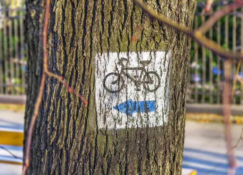 Bicycle Sign, Bicycle Sign Painted on a Tree Public Park Stock Image ...