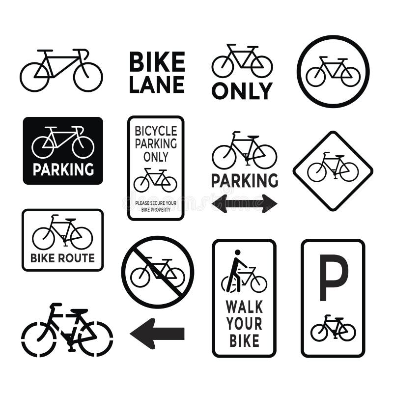 Bicycle Signs Black and White Set Vector Stock Vector - Illustration of ...