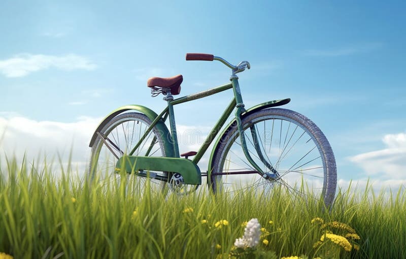 Bicycle Standing on Grass. Beautiful Landscape Image with Bicycle Stock ...