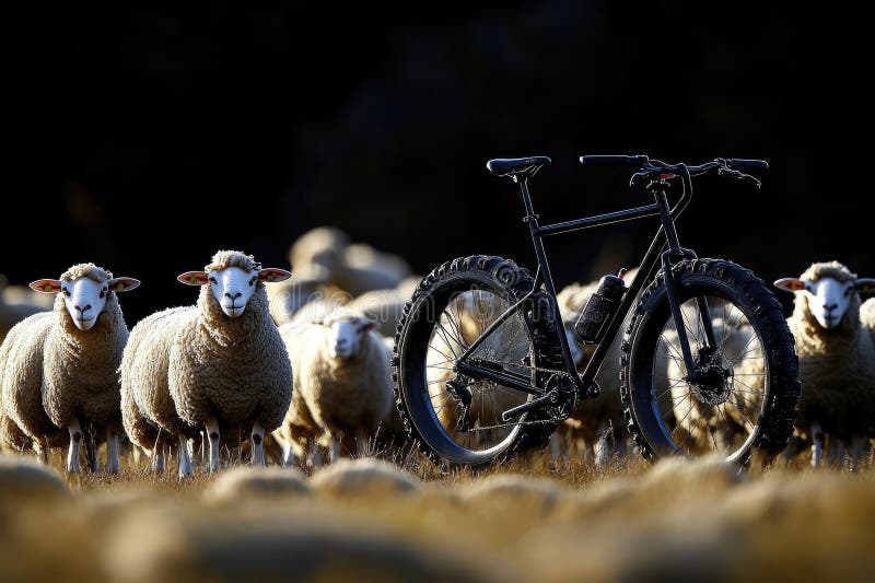 Black Fatbike Bicycle Parked Amongst Sheep Flock in Sunset Stock ...