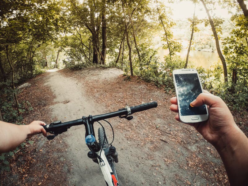 Bicycle Steering Wheel Path Forest Trees Stock Image - Image of ...