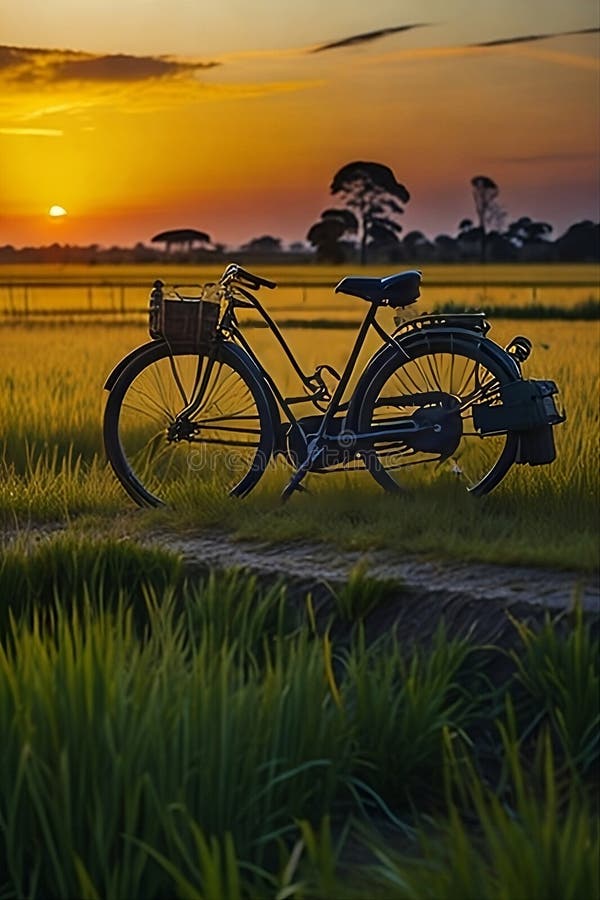 Bicycle at Sunset in the Middle of Rice Fields. Stock Illustration ...
