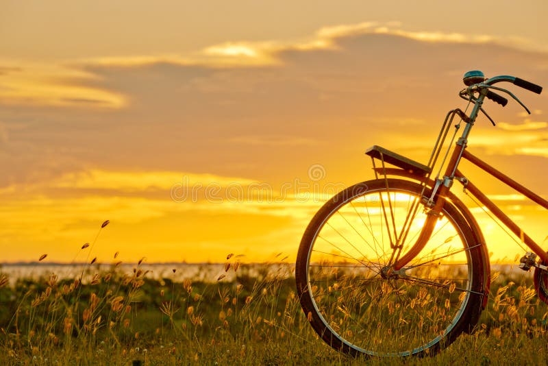 Bicycle at the Sunset or Sunrise Stock Image - Image of field ...