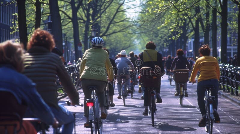 Bicycle Traffic Jam on a Treelined Street Stock Image - Image of ...