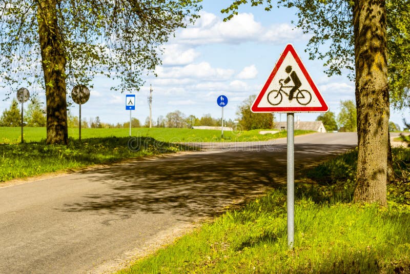 Bicycle Traffic Sign on a Country Road Stock Photo - Image of rider ...