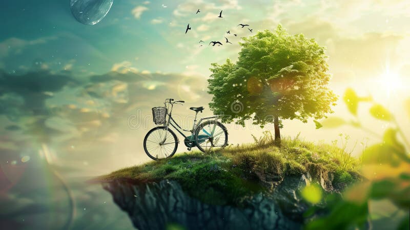 Bicycle Under a Sunlit Tree Overlooking Landscape. World Cycling Day ...