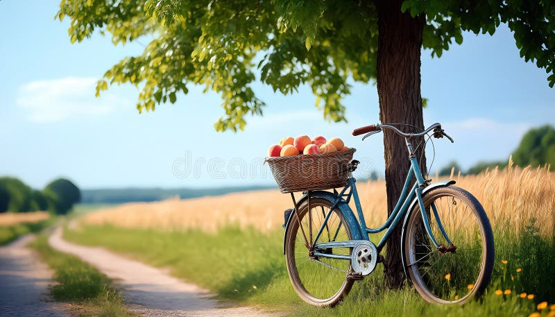 A Bicycle Under a Tree with Apples in a Basket. Stock Illustration ...