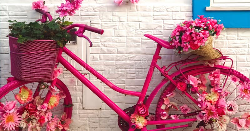 Pink Vintage Bicycle with Flowers Stock Image - Image of decent, bike ...