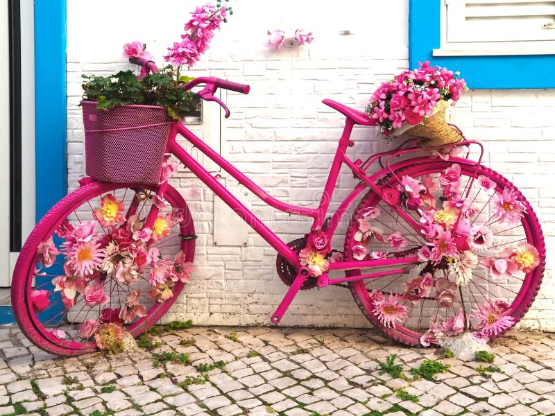 Pink Vintage Bicycle with Flowers Stock Image - Image of bunch ...