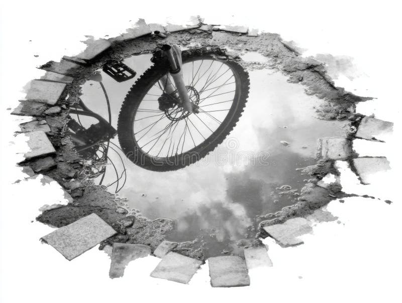 Bicycle Wheel Reflection in a Cracked Puddle Stock Illustration ...