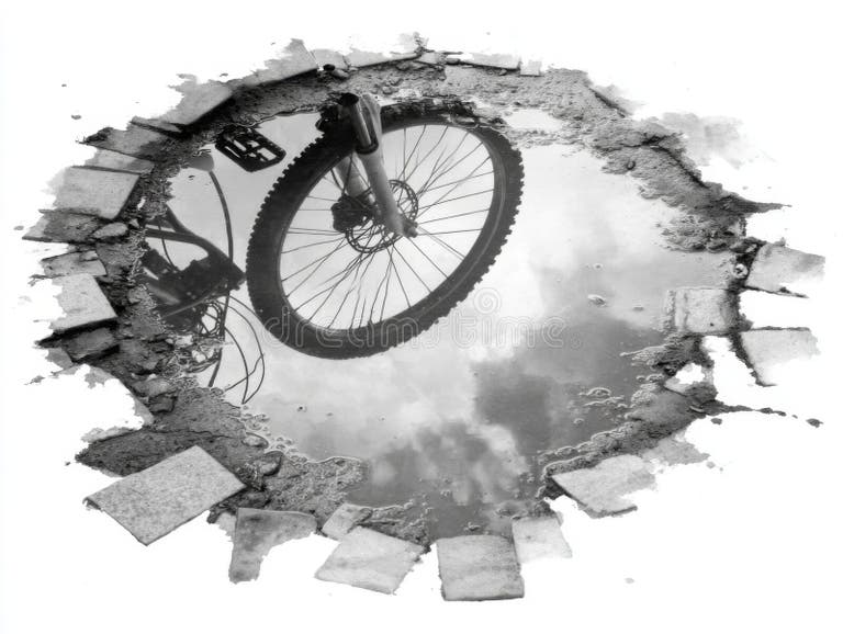 Bicycle Wheel Reflection in a Cracked Puddle Stock Illustration ...