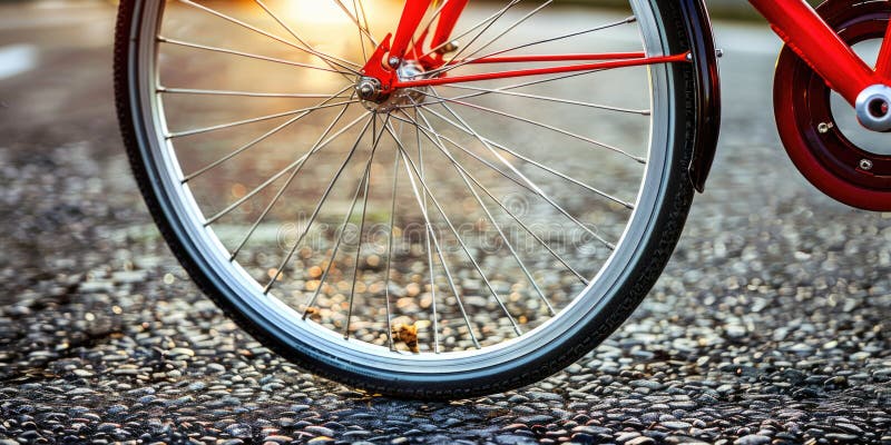 A Bicycle Wheel Rolls Over a Gravel Path, with the Sun Shining through ...