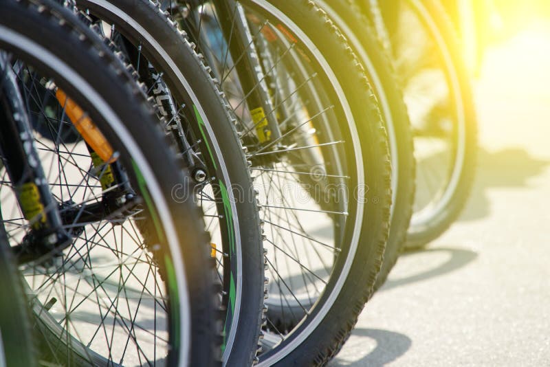 Bicycle Wheel in a Row Close-up Wheel Detail, Bicycle Spoke. Stock ...