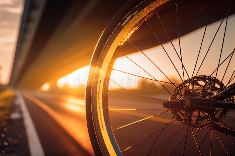 Bicycle Wheel Shot Close-up at Sunset in the Rays of the Setting Sun ...