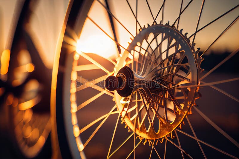Bicycle Wheel Shot Close-up at Sunset in the Rays of the Setting Sun ...
