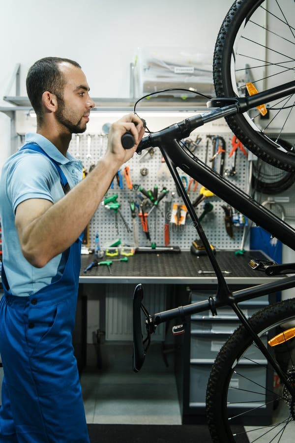 Bicycle Workshop, Man Finished Assembling Stock Image - Image of fork ...