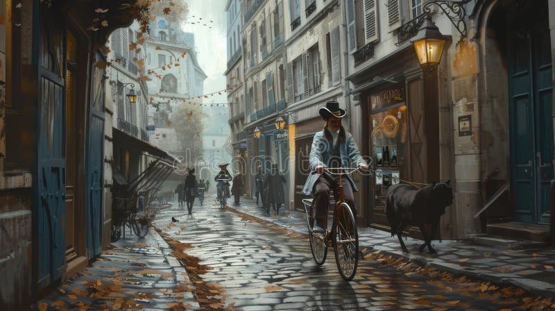 Bicyclist Navigating 18th Century Parisian Streets in Historical Urban ... Bicyclist Navigating 18th Century Parisian Streets in Historical Urban ...