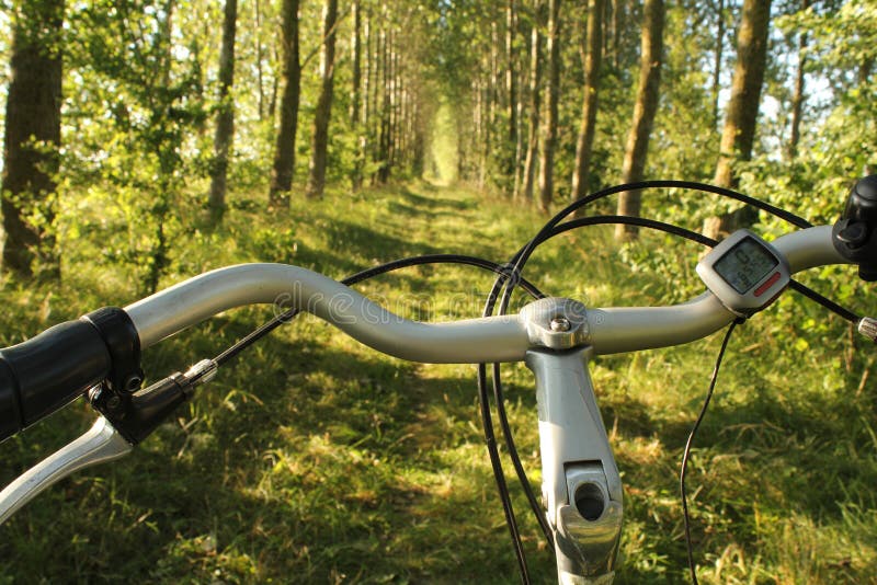A Bicycle Handlebar Closeup at a Green Path between Trees in Springtime ... A Bicycle Handlebar Closeup at a Green Path between Trees in Springtime ...