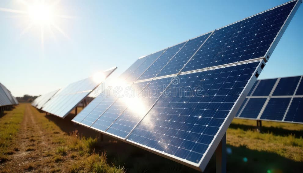 Bifacial Solar Panel Array in Bright Sunlight, Intense Reflection from ...