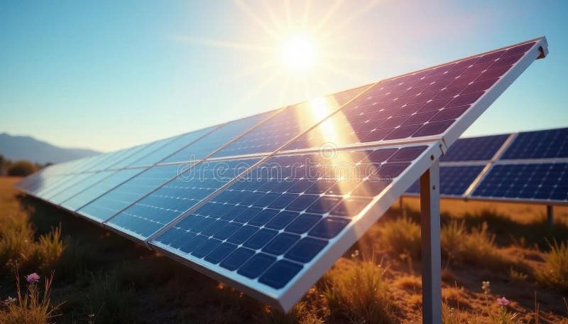 Bifacial Solar Panel Array in Bright Sunlight, Intense Reflection from ...