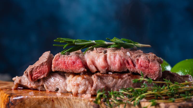 Bife Pronto Com Rosmaninho Em Fundo Azul Foto de Stock - Imagem de ...