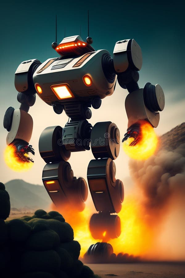 Big Aggressive Futuristic Robot Running in Desert Stock Illustration ...