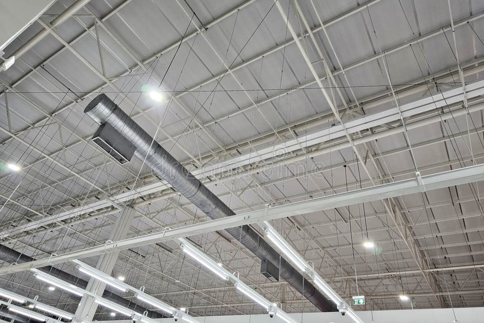 Big Air Conditioner and Ventilation System Pipe on Warehouse Ceiling ...