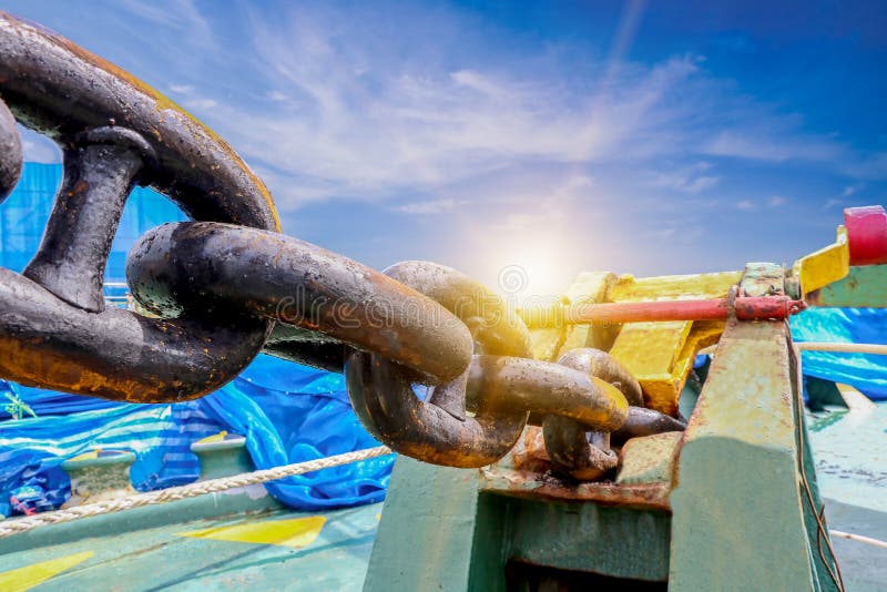 Anchor Chain with Anchor Rope in Drum on Forward or Front Ship. Stock ...