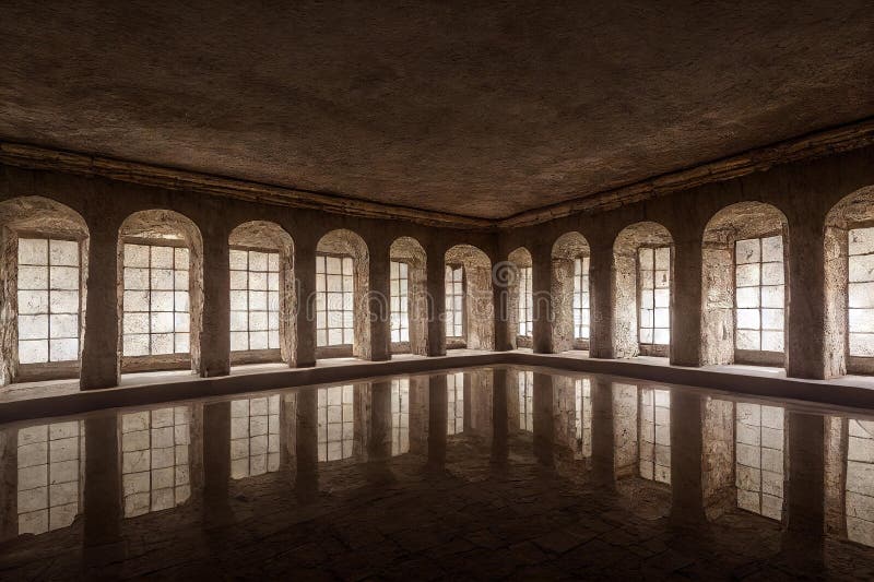 Big Ancient Hall with Windows As Medieval Castle or Palace Interior ...