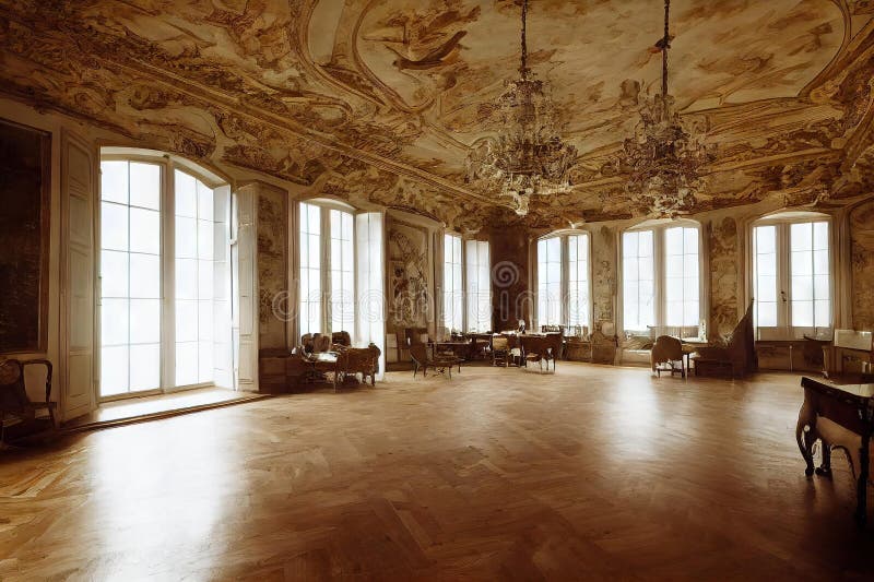 Big Ancient Hall with Windows As Medieval Castle or Palace Interior ...