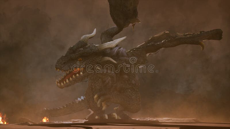 A Big Angry Dragon in the Desert is Fighting Off Its Enemies. 3D ...