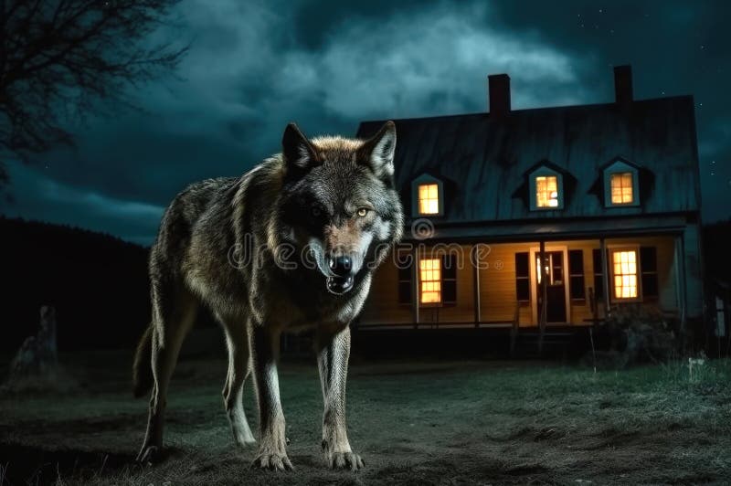 Big, Angry and Hungry Wolf Next To House at Night. Generative AI Stock ...