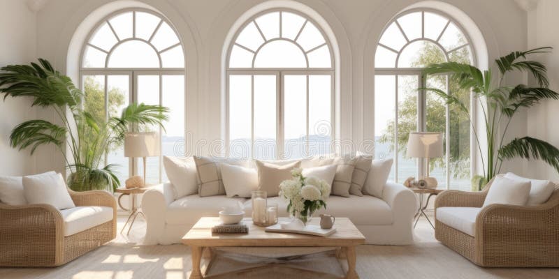 Big Arched Windows in Room with White Sofa and Wicker Armchairs ...
