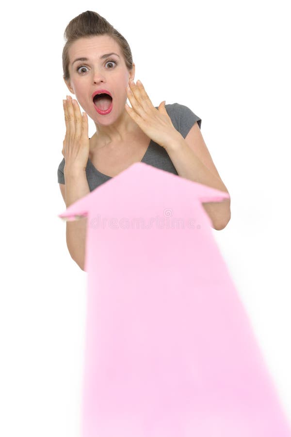 Big Arrow Pointing on Scared Business Woman Stock Image - Image of sign ...