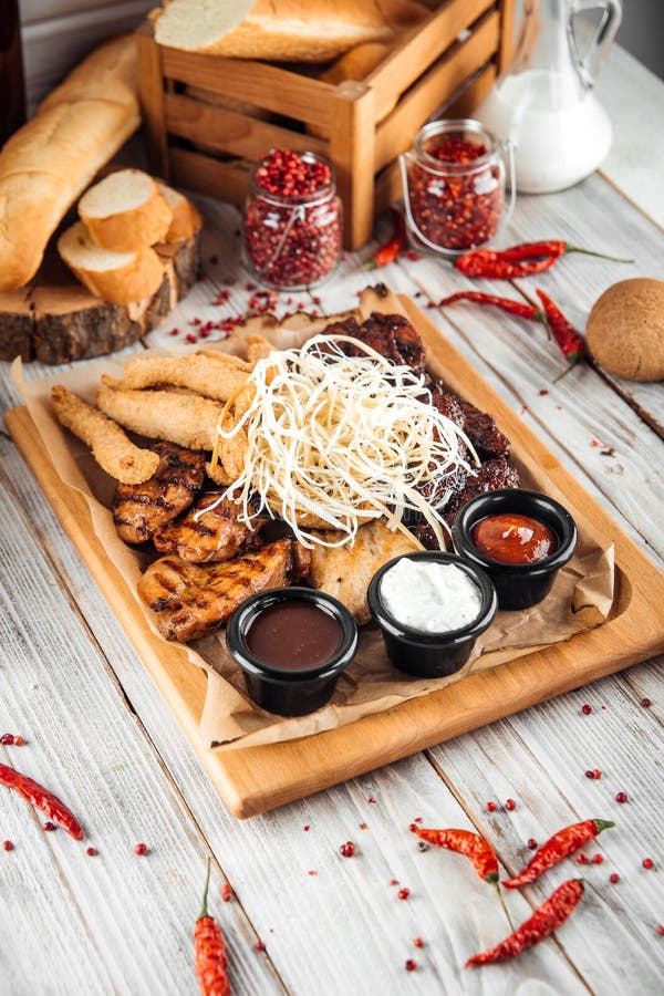 Big Assorted Chicken Platter Set with Sauces Stock Image - Image of ...