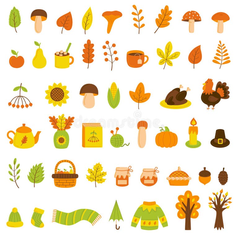Big Autumn Set. Fall Elements. Vector Cliparts on White Background ...