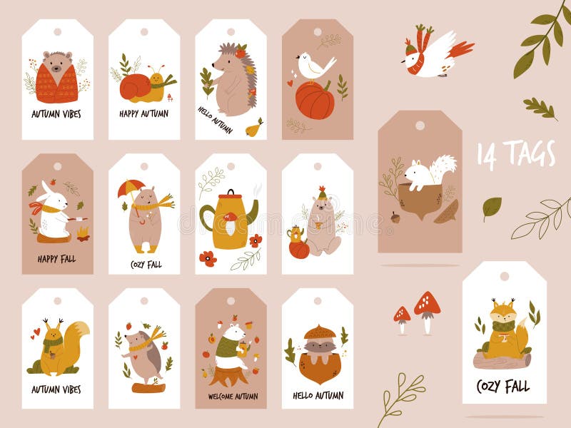 Big Autumn Set of Tags, Labels with Cute Forest Animals Stock Vector ...