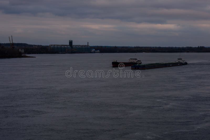 Big Barge and Ship on River Dnieper Stock Image - Image of barge ...
