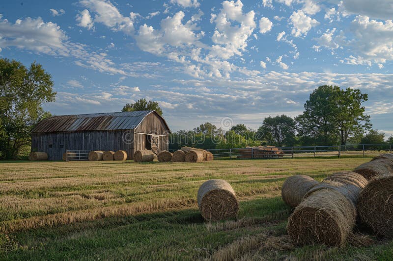 Big Barn with a Stacks of Hay Stock Illustration - Illustration of crop ...